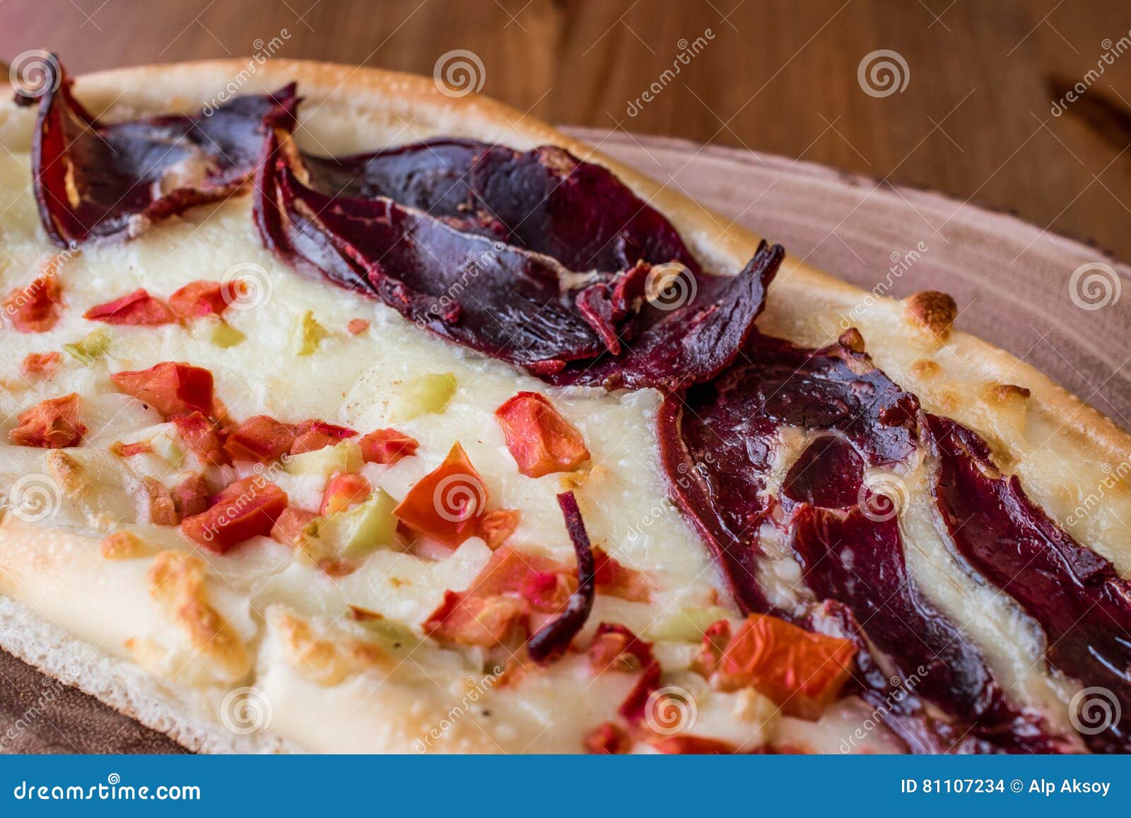 Turkish Pide with Pastirma , Tomato and Melted Cheese. Stock Photo ...