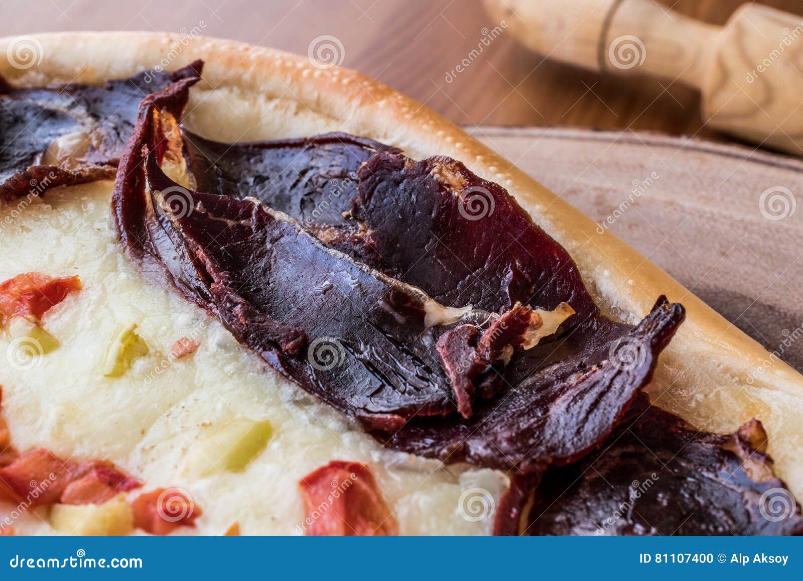 Turkish Pide with Pastirma , Tomato and Melted Cheese. Stock Photo ...