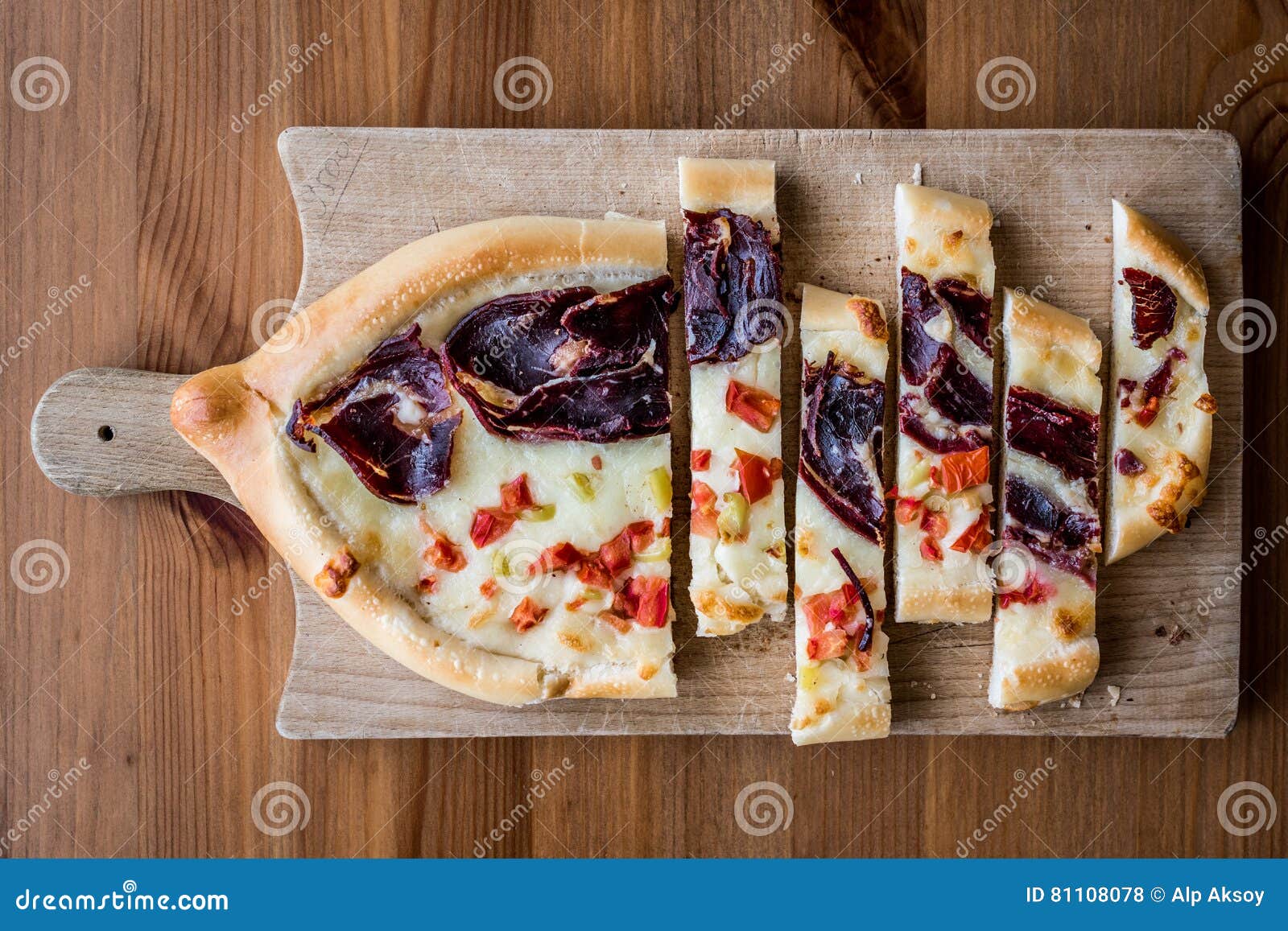 Turkish Pide with Pastirma , Tomato and Melted Cheese. Stock Photo ...