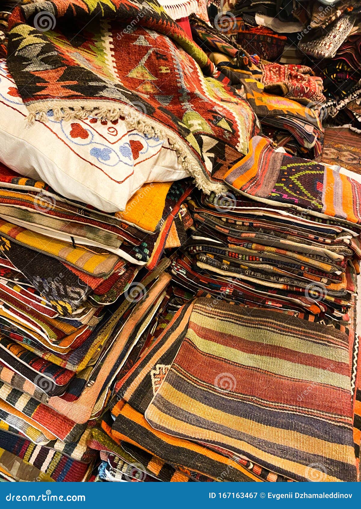 Turkish Rugs and Pillows with National Patterns. Background from ...