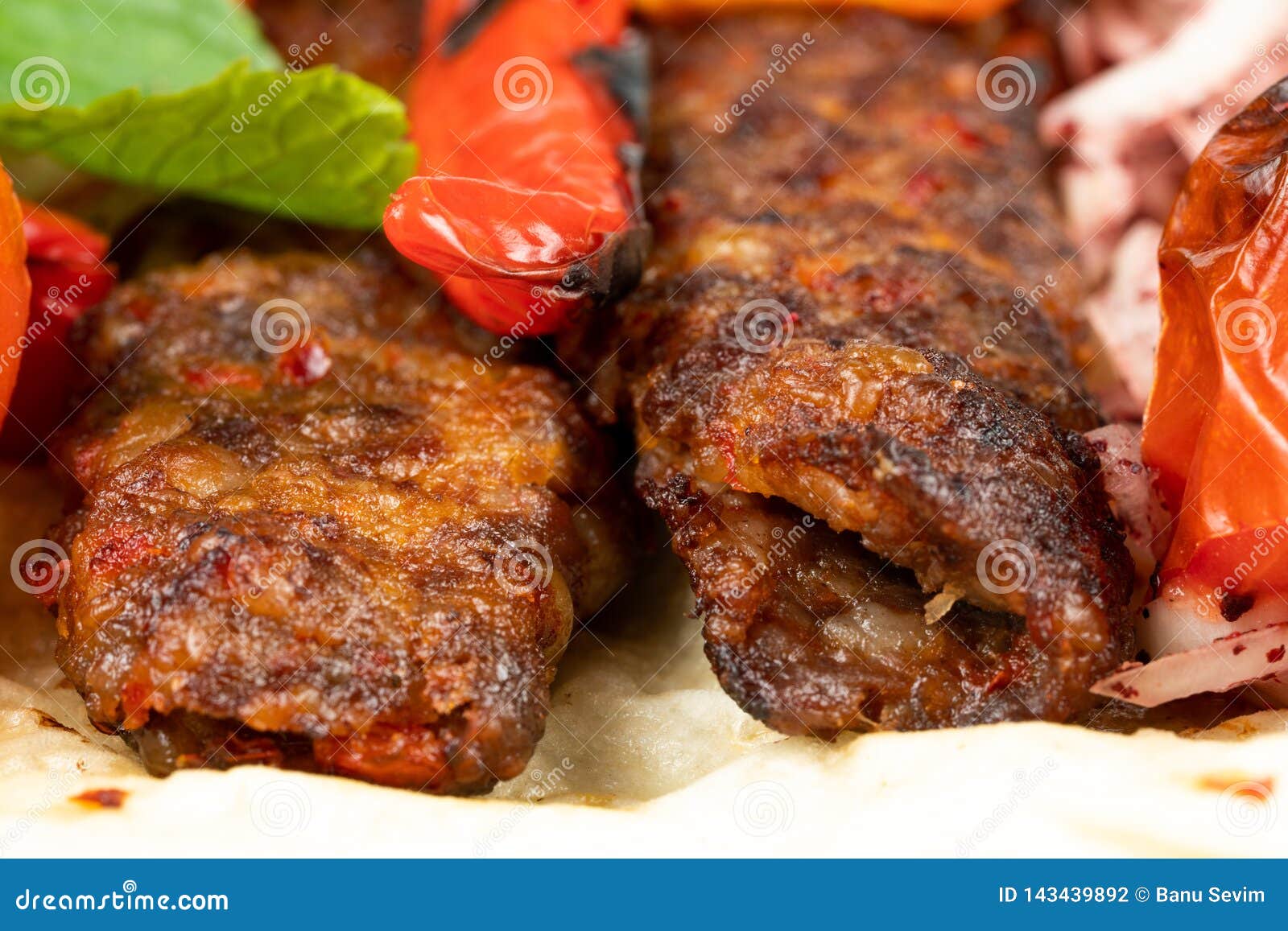 Turkish shish Adana kebab stock photo. Image of cooked - 143439892
