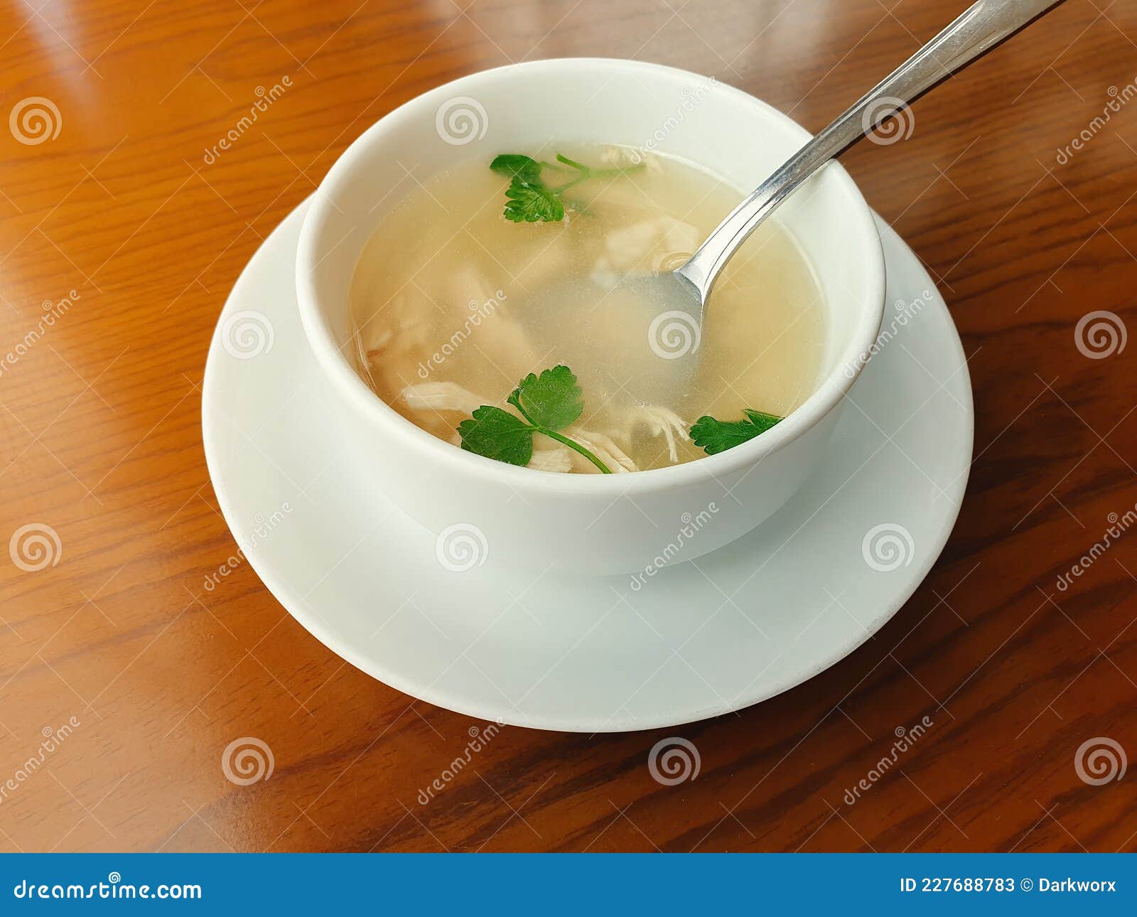 Turkish Style Delicous Hot Chicken Soup In Bowl On Wooden Table Stock Image Image Of Cuisine