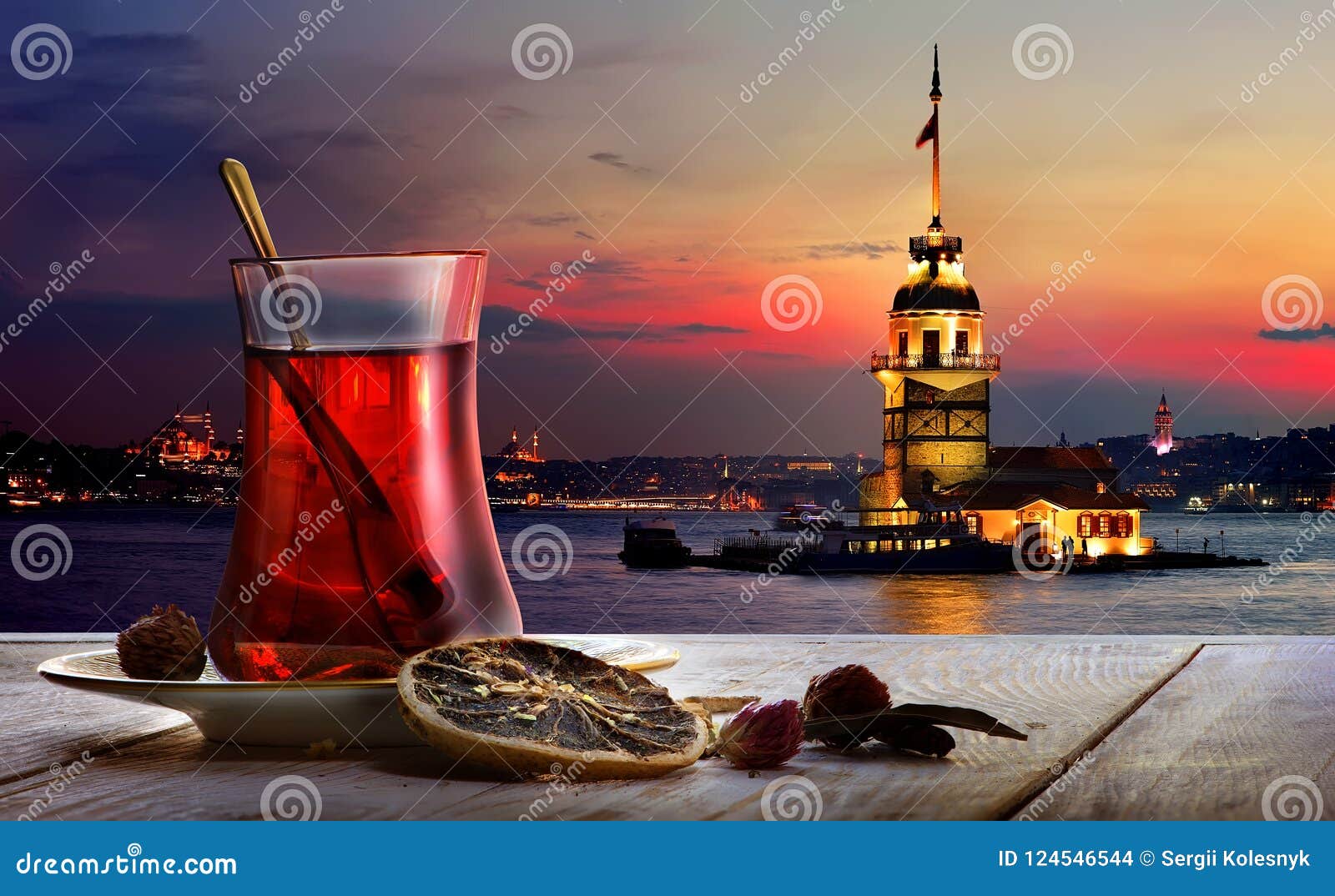 Turkish tea Maiden Tower stock photo. Image of glass - 124546544