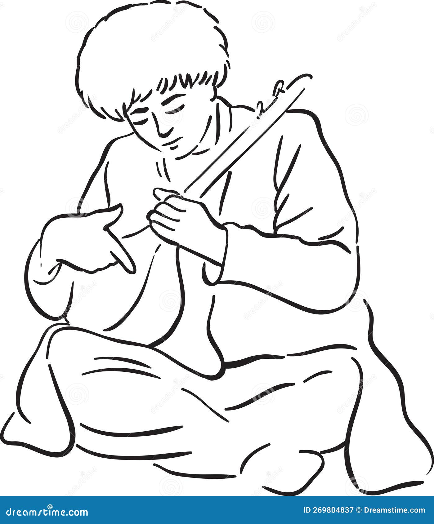 A Turkmen Musician Plays the Dutar. Black and White Brush Drawing Stock ...