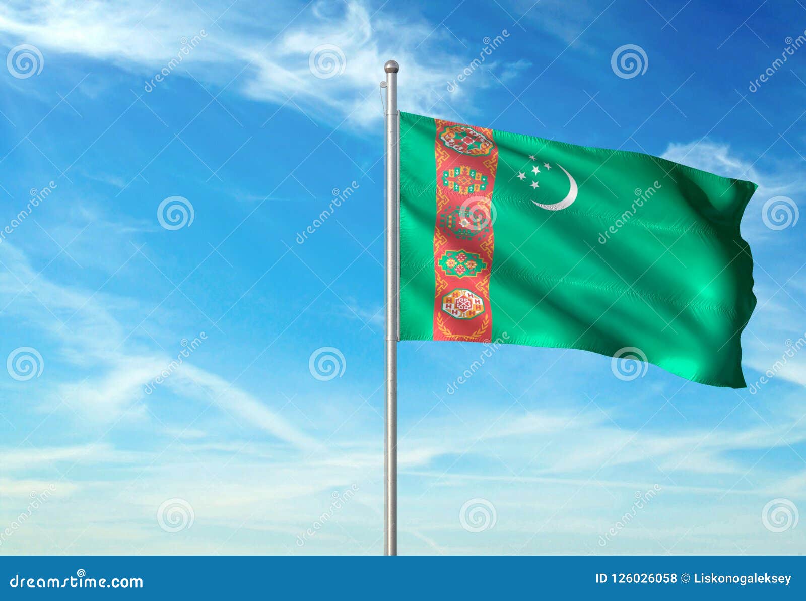 Turkmenistan Flag Waving With Sky On Background Realistic 3d