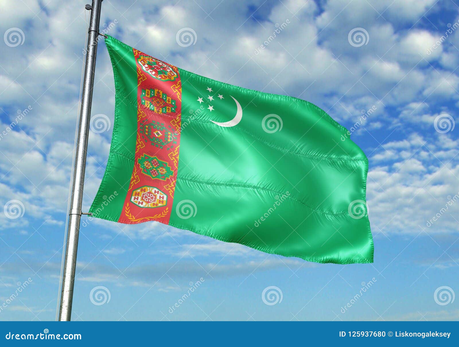 Turkmenistan Flag Waving With Sky On Background Realistic 3d