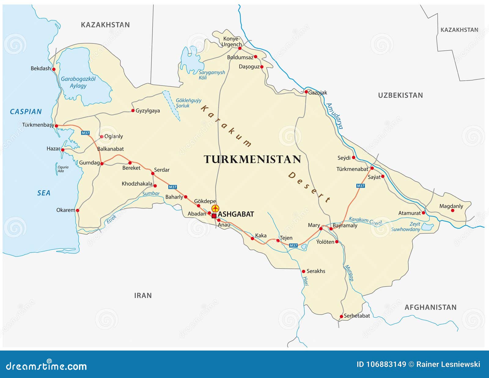 Turkmenistan Road Vector Map With Important Cities | CartoonDealer.com ...