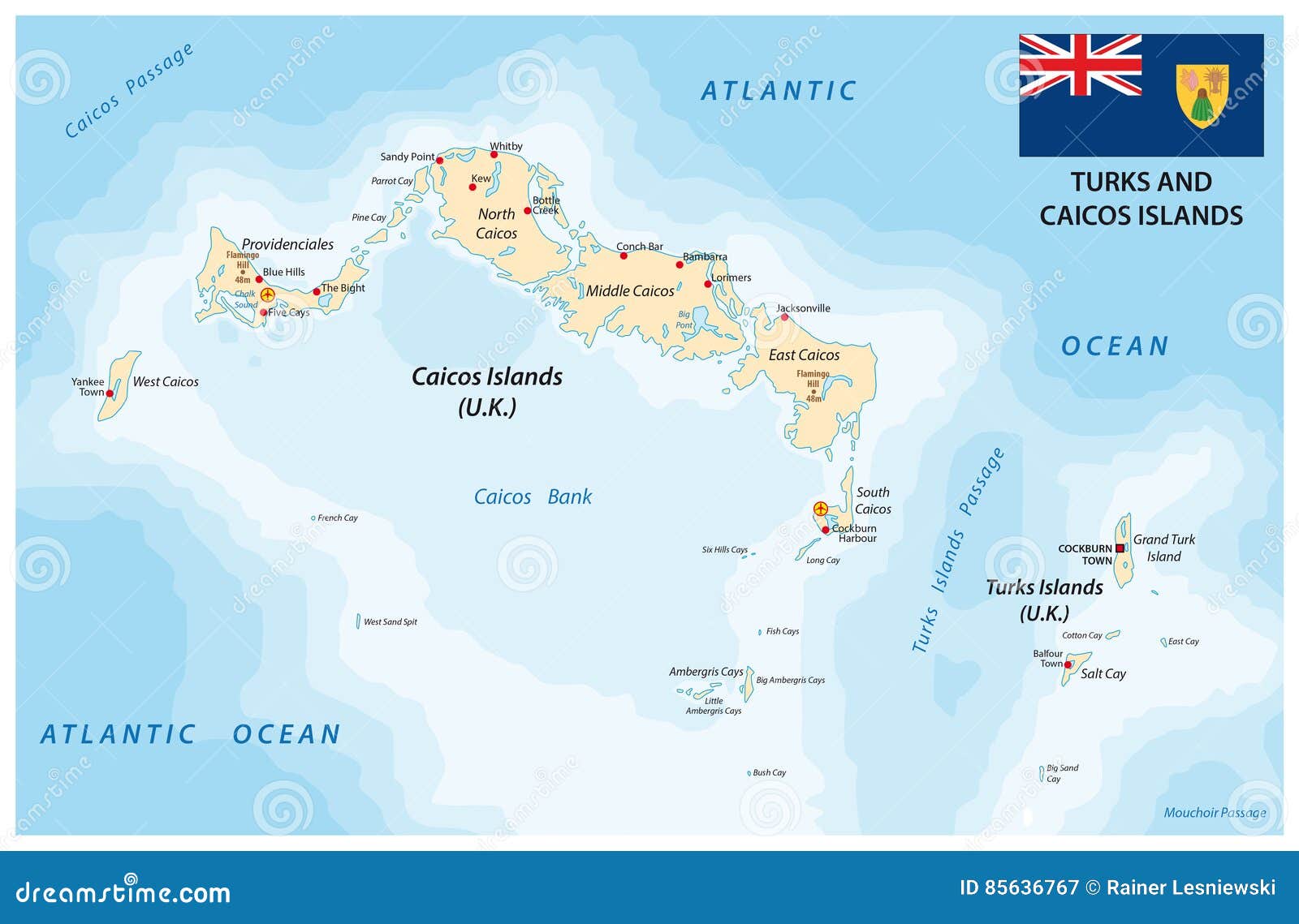 Turks and Caicos Islands Map with Flag Stock Vector - Illustration of ...