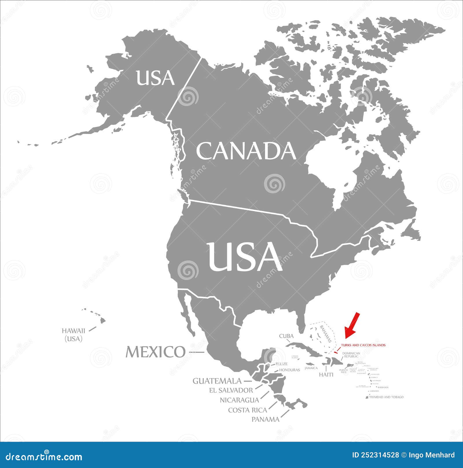 Turks and Caicos Islands Red Highlighted in Map of North America Stock ...
