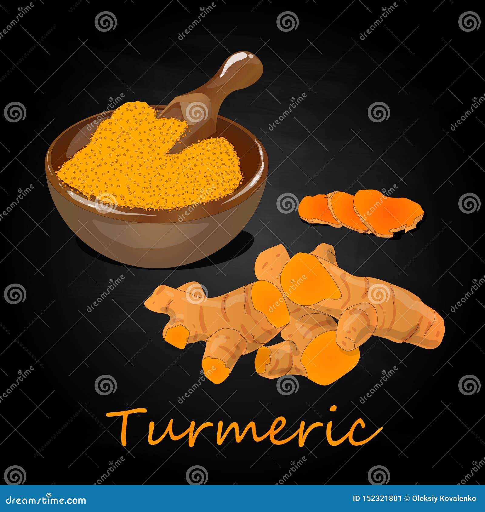 Turmeric Curcuma Longa Linn Set on Plate. Black Background Vector ...