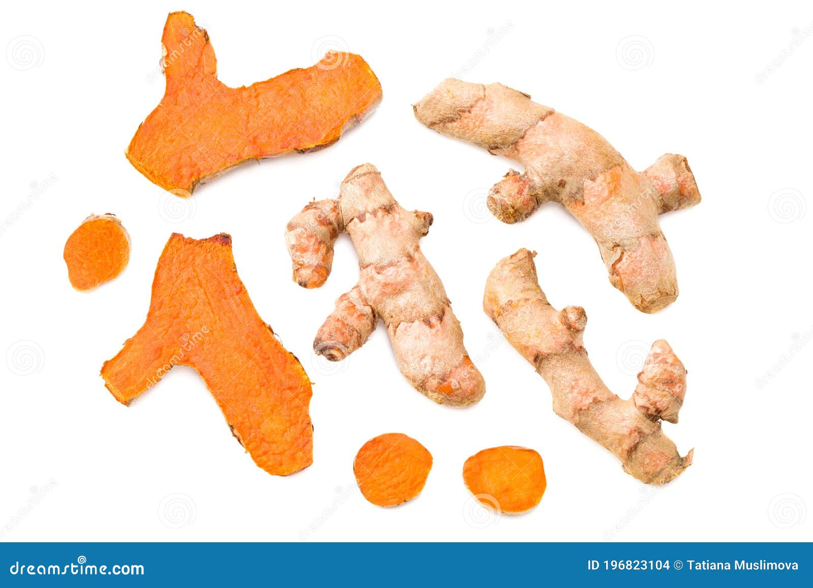 Turmeric Root with Turmeric Slices Isolated on White Background. Top ...