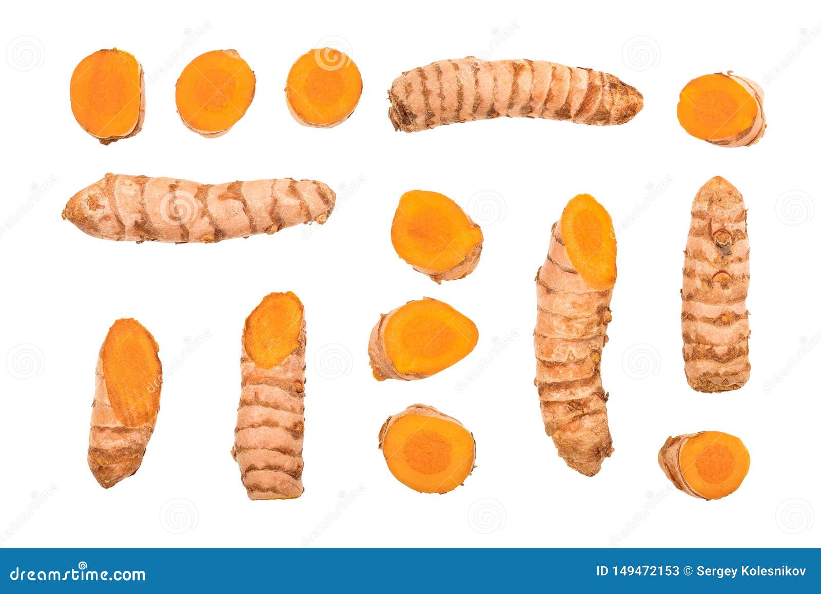 Turmeric Root and Slices Isolated on White Background. Top View Stock ...