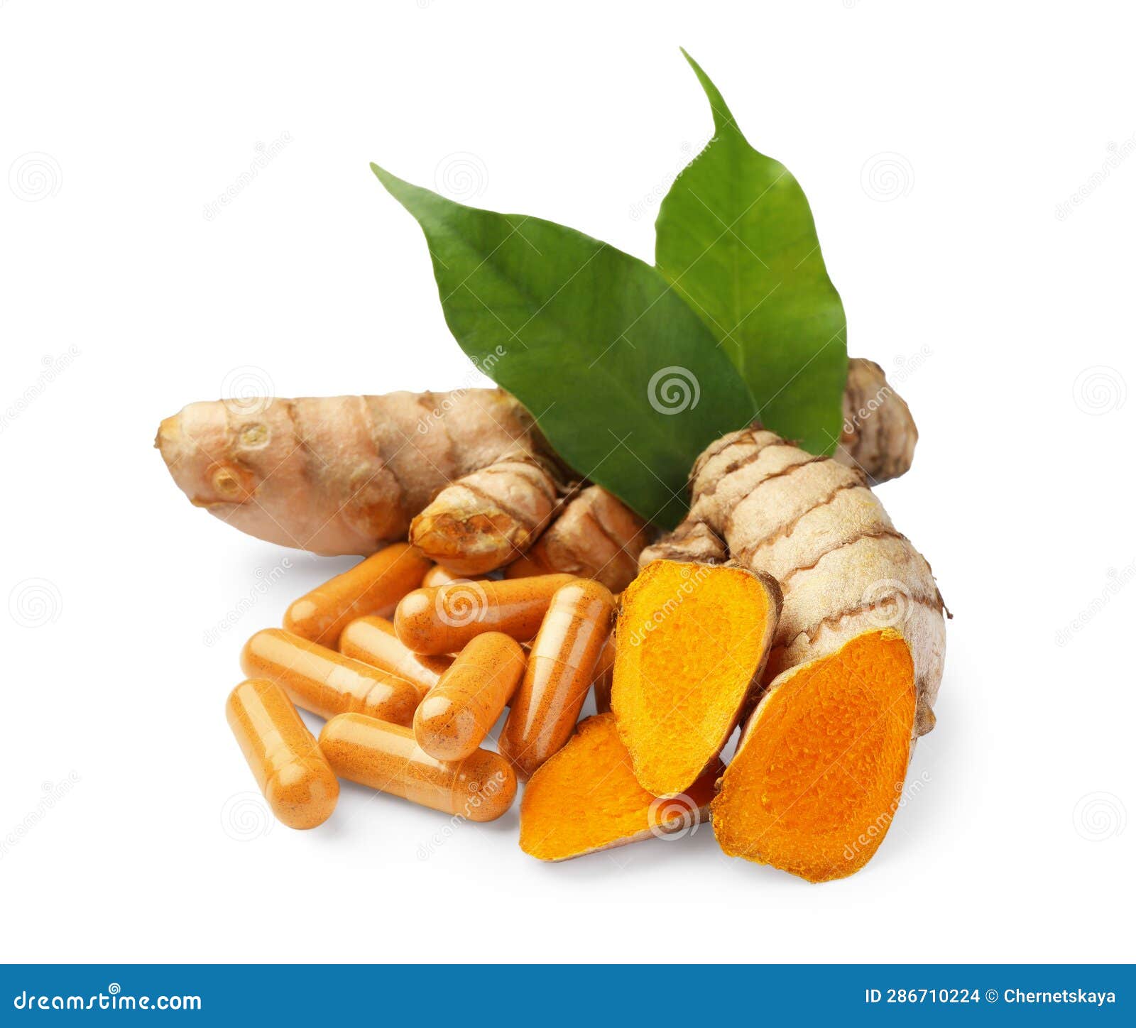 Turmeric Roots, Leaves and Pills Isolated on White Stock Photo - Image ...