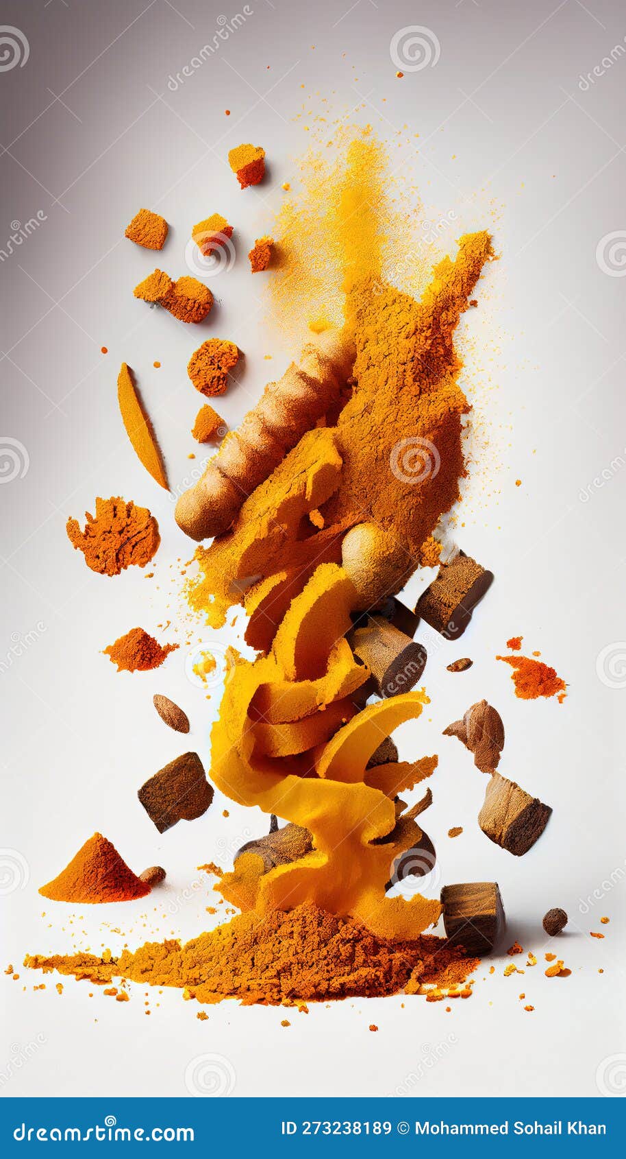 Turmeric Roots and Turmeric Powder Creatively Falling-Dripping Flying ...