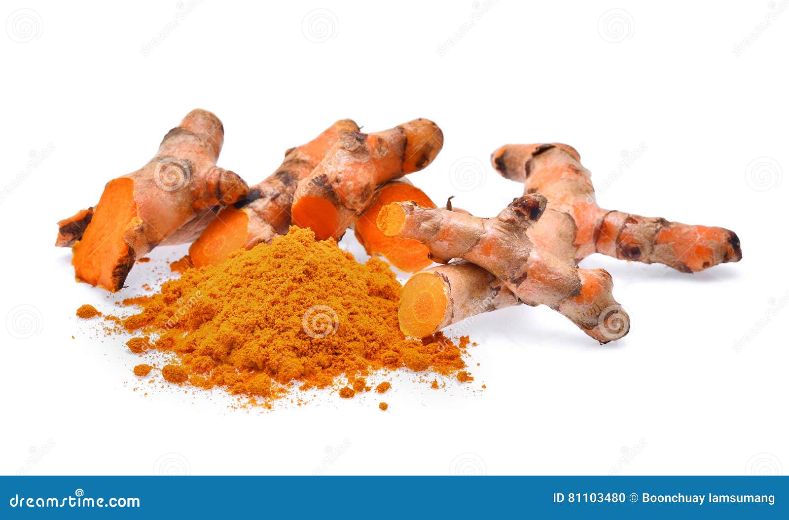 Turmeric Roots with Turmeric Powder Isolated on White Background Stock ...