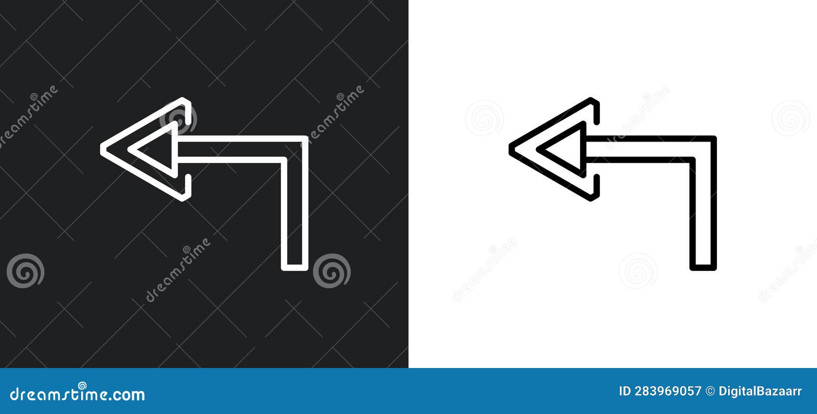 Turn Left Outline Icon in White and Black Colors. Turn Left Flat Vector ...