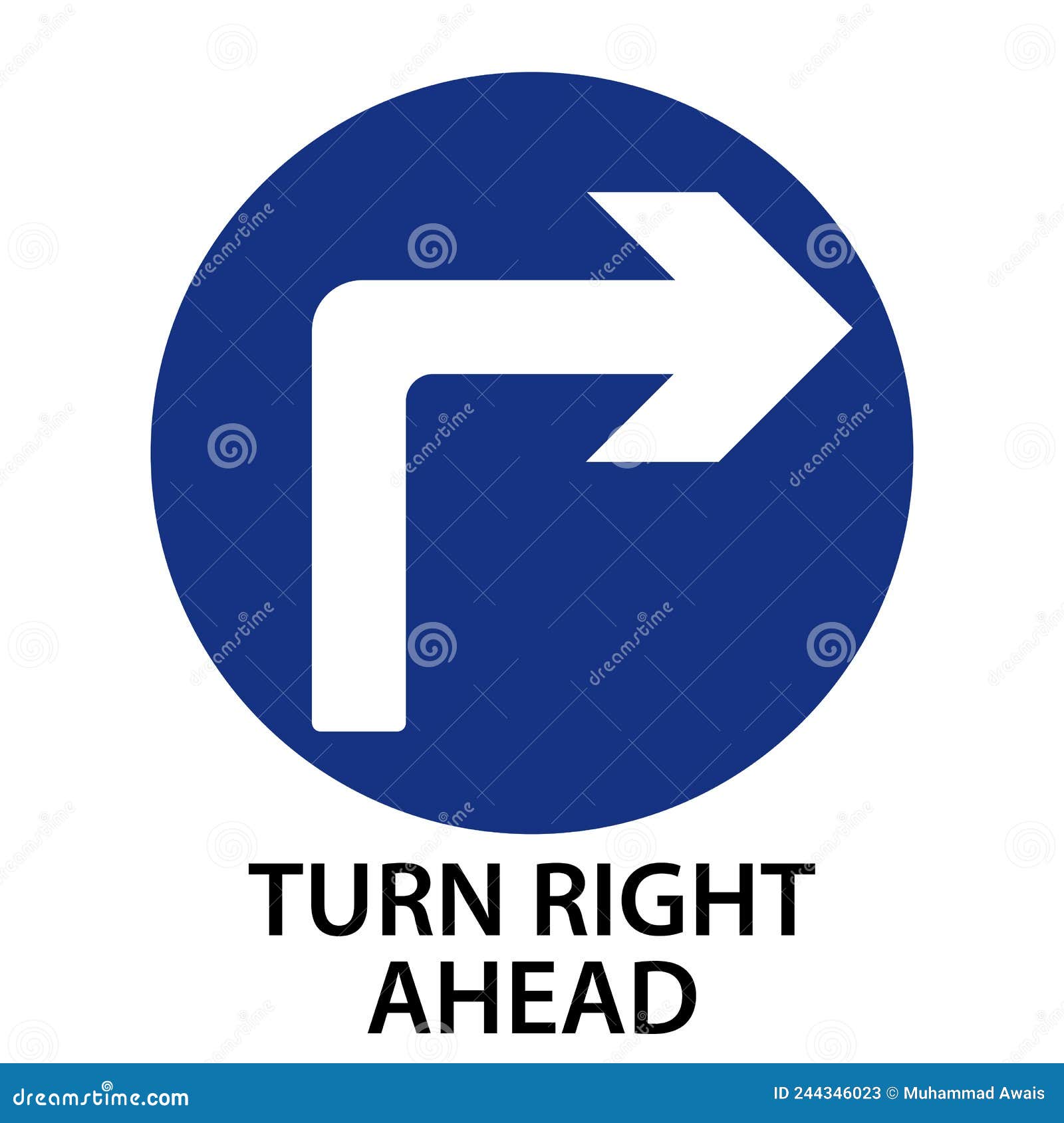 Turn Right Ahead Road Traffic Sign in Blue and White Stock Illustration ...