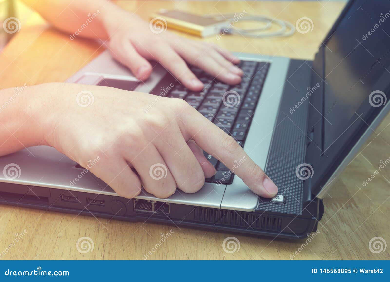 Turn on the Switch Laptop on Desk,closeup Man Using Notebook on Wooden ...