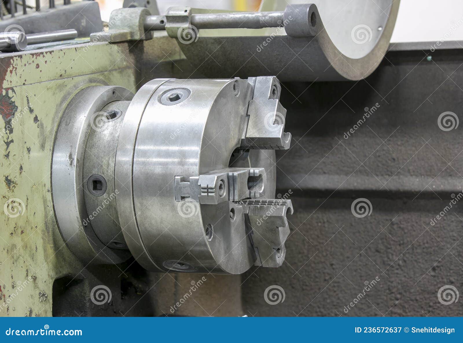 Automated CNC Lathe Machine Cutting Rotating Metal Workpiece - Close Up ...