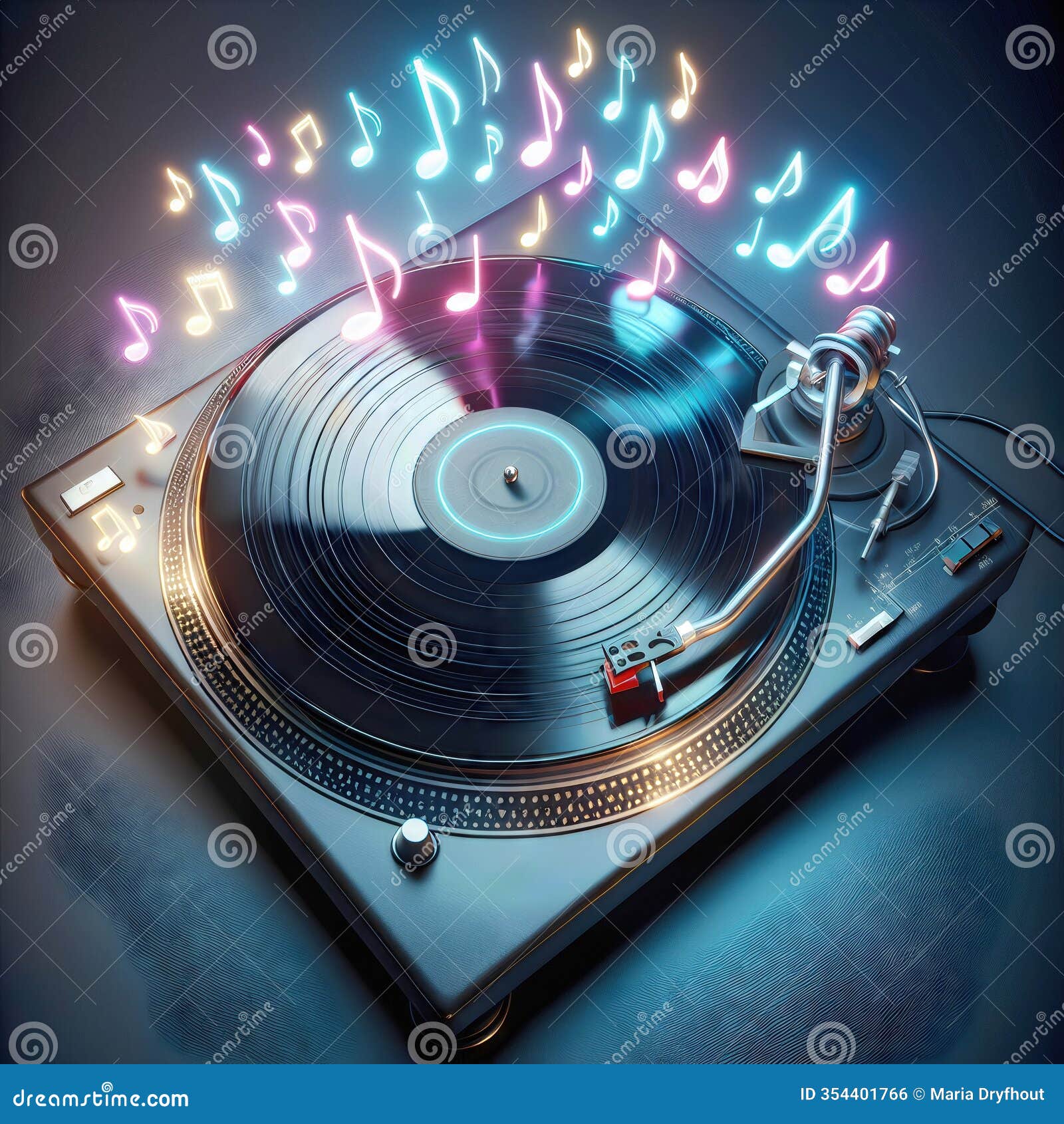 Turntable with Dancing Neon Musical Notes Stock Illustration ...