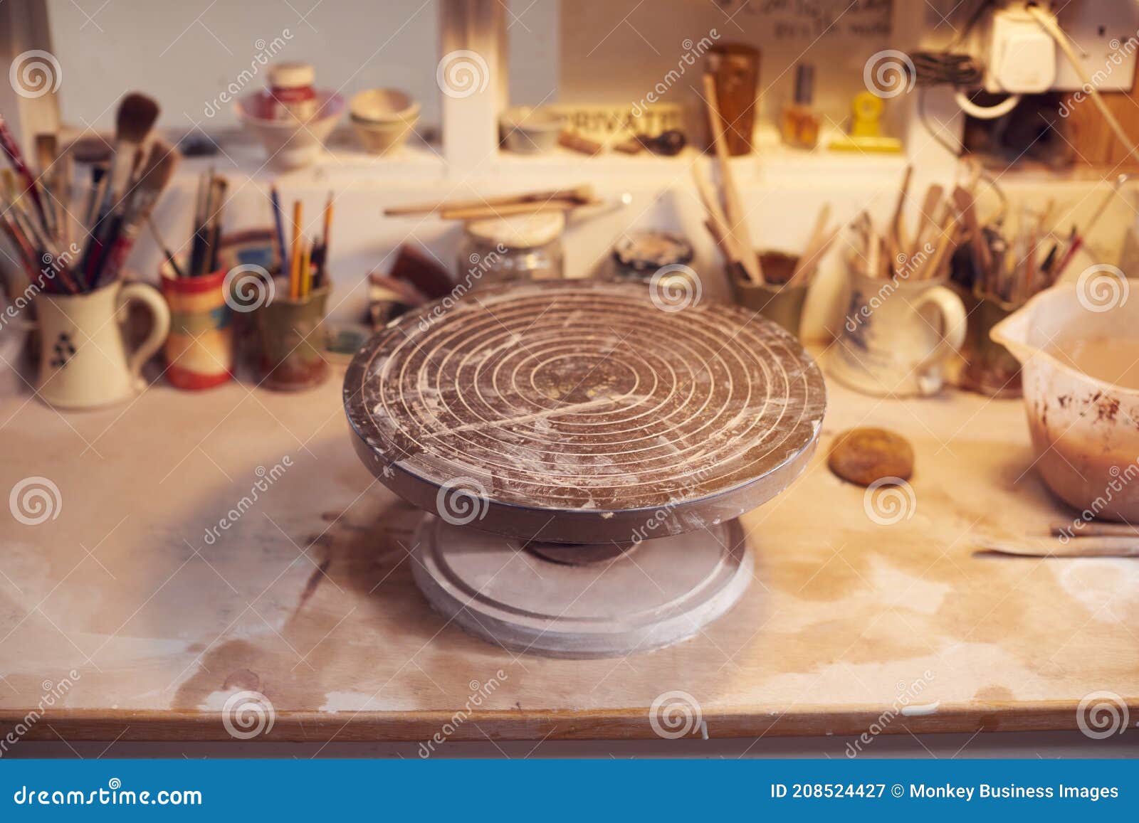 Turntable for Decorating Handmade Pottery on Workbench in Ceramics ...