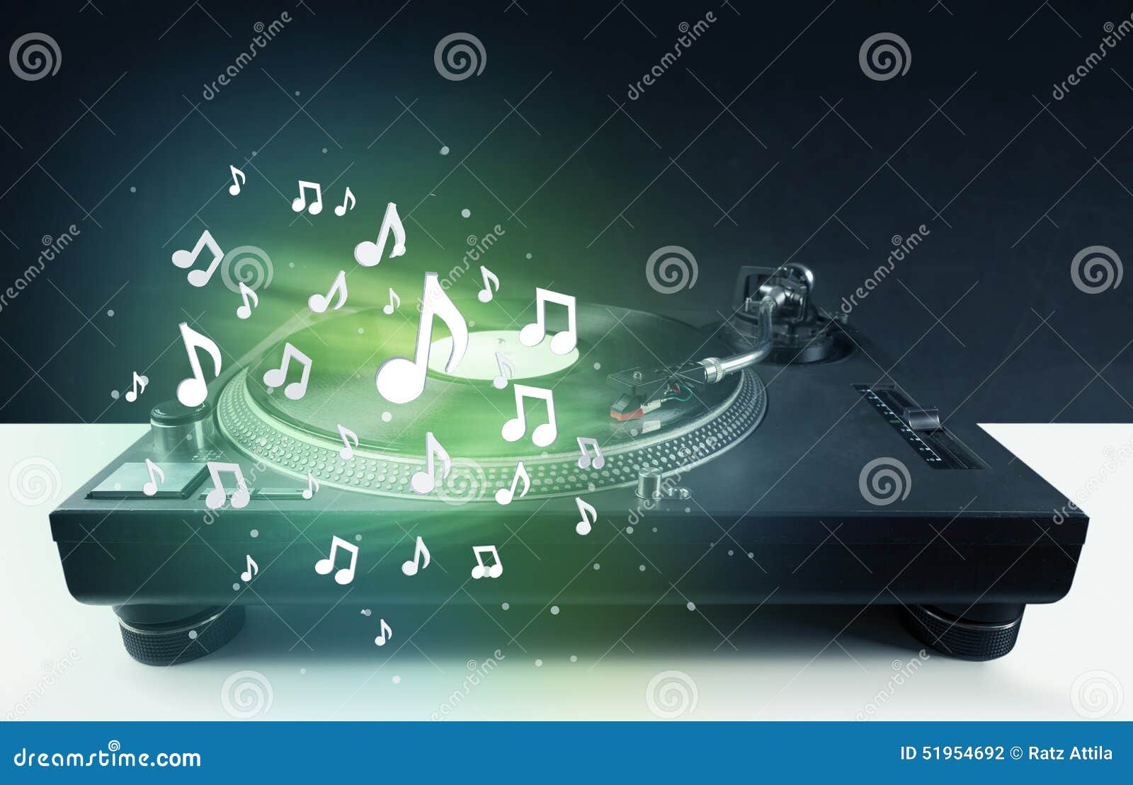 Turntable Playing Music with Audio Notes Glowing Stock Photo - Image of ...