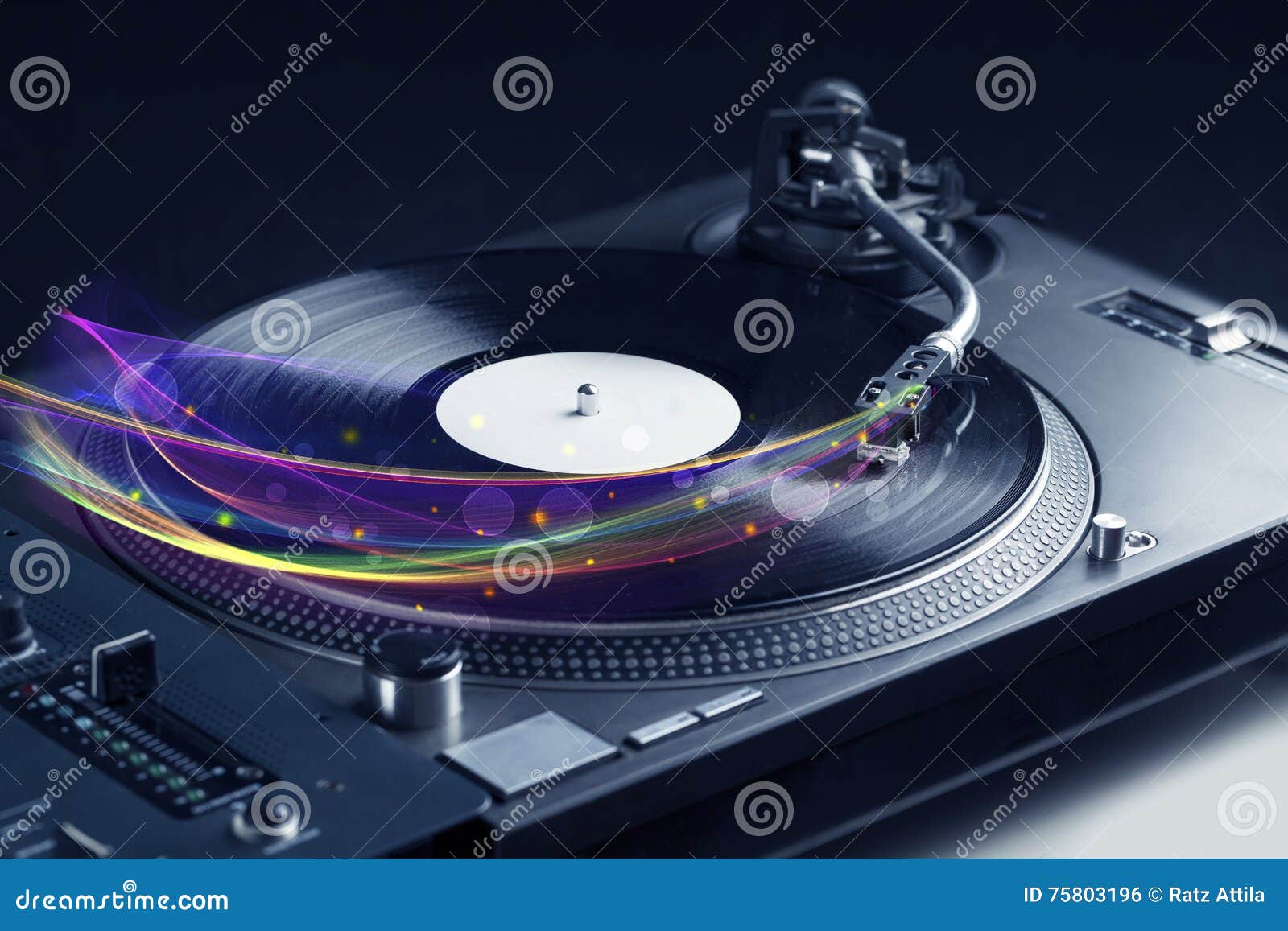 Turntable Playing Vinyl with Glowing Abstract Lines Stock Photo - Image ...