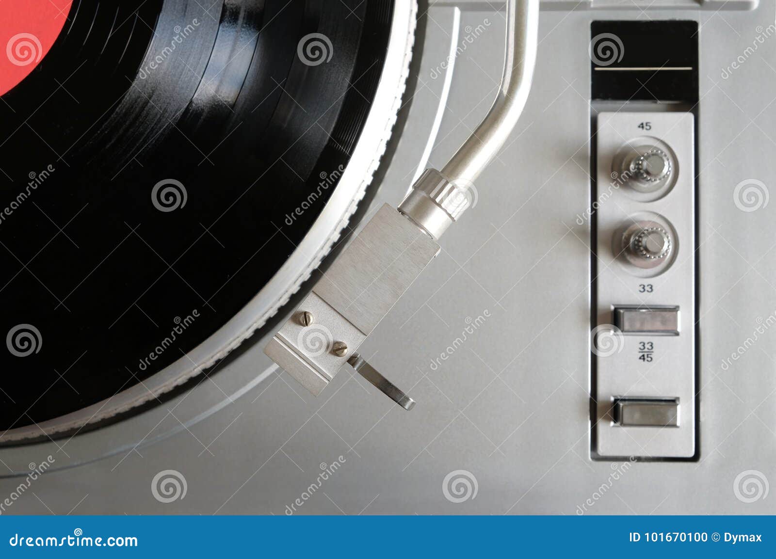 Turntable in Silver Case with Vinyl Record with Red Label Top View ...