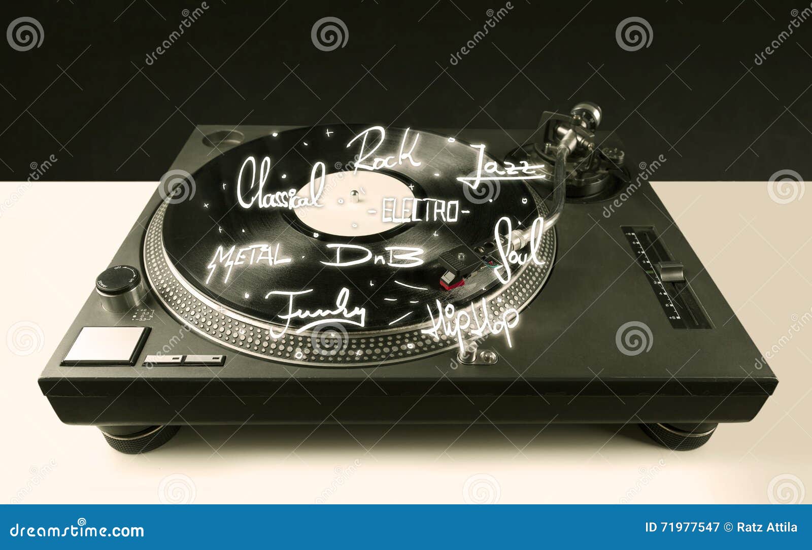 Turntable with Vinyl and Music Genres Writen Stock Image - Image of ...