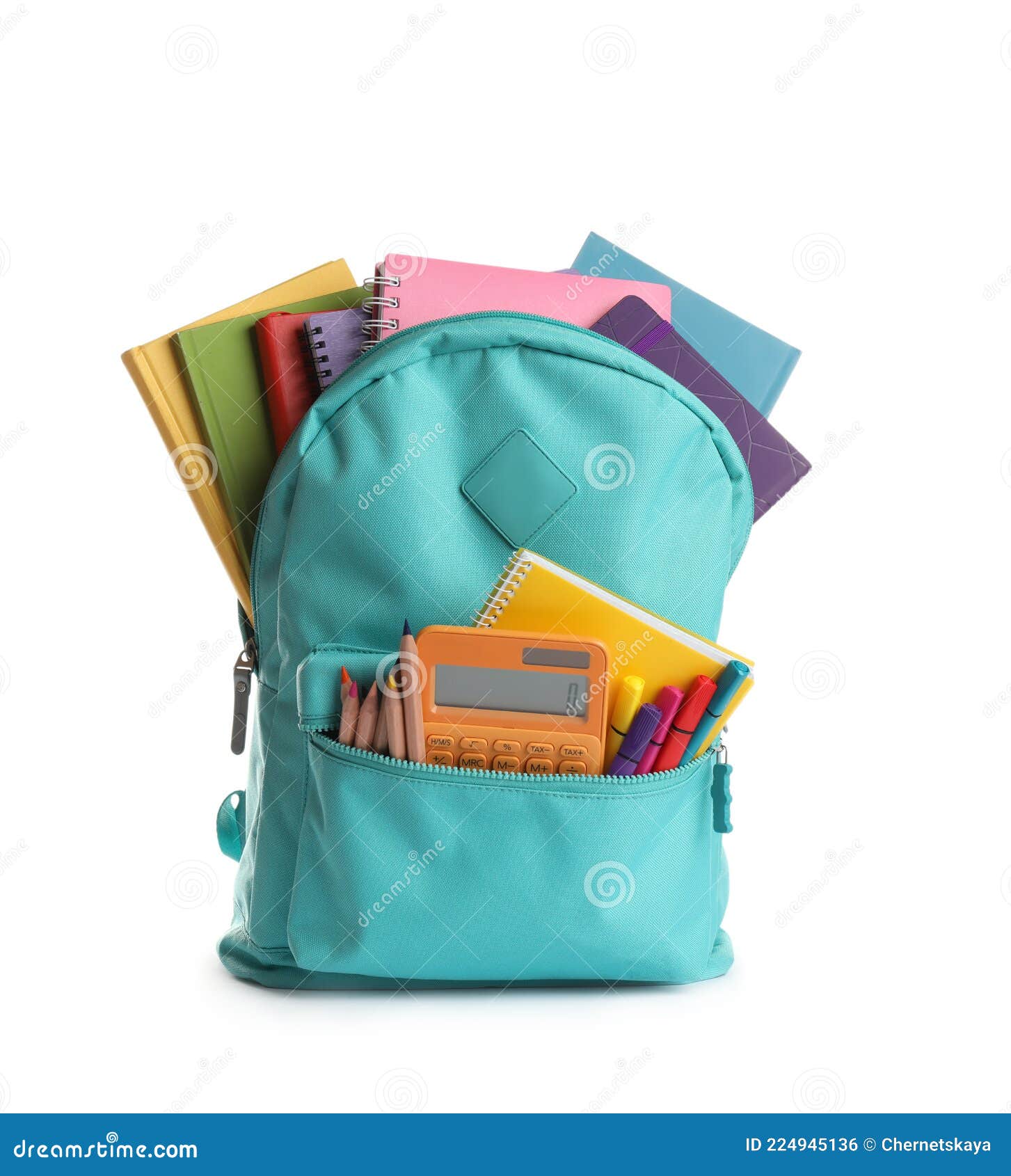 Turquoise Backpack with School Supplies Isolated on White Stock Photo ...