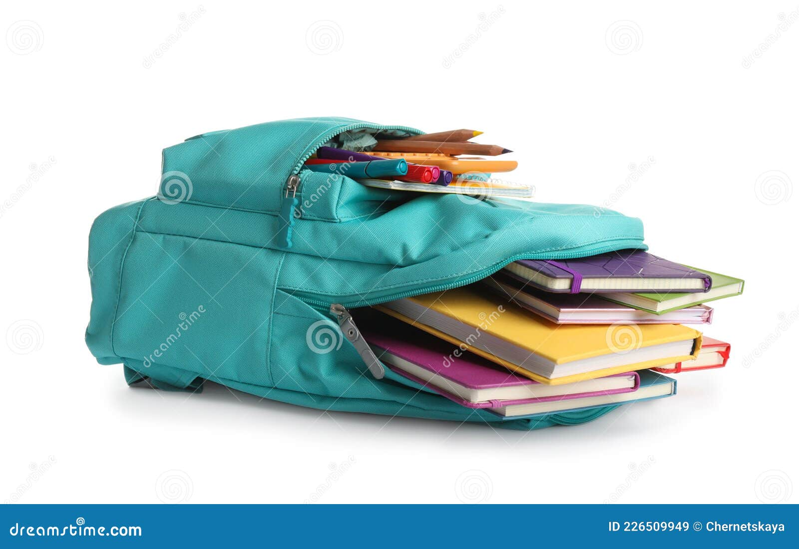Turquoise Backpack with Different School Supplies Isolated on White ...