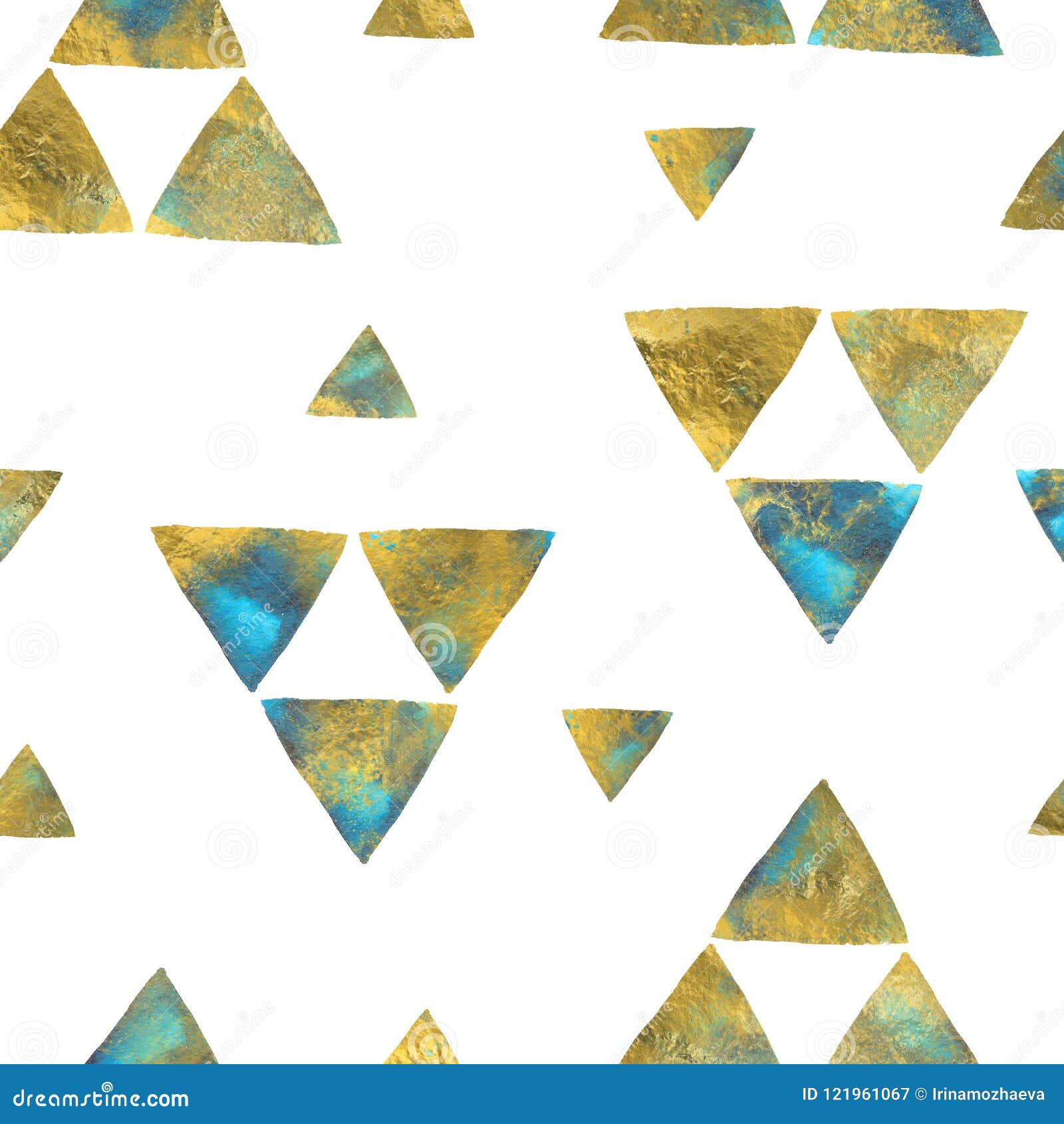 Turquoise Blue and Gold Dust Triangles on White. Watercolor Seamless ...