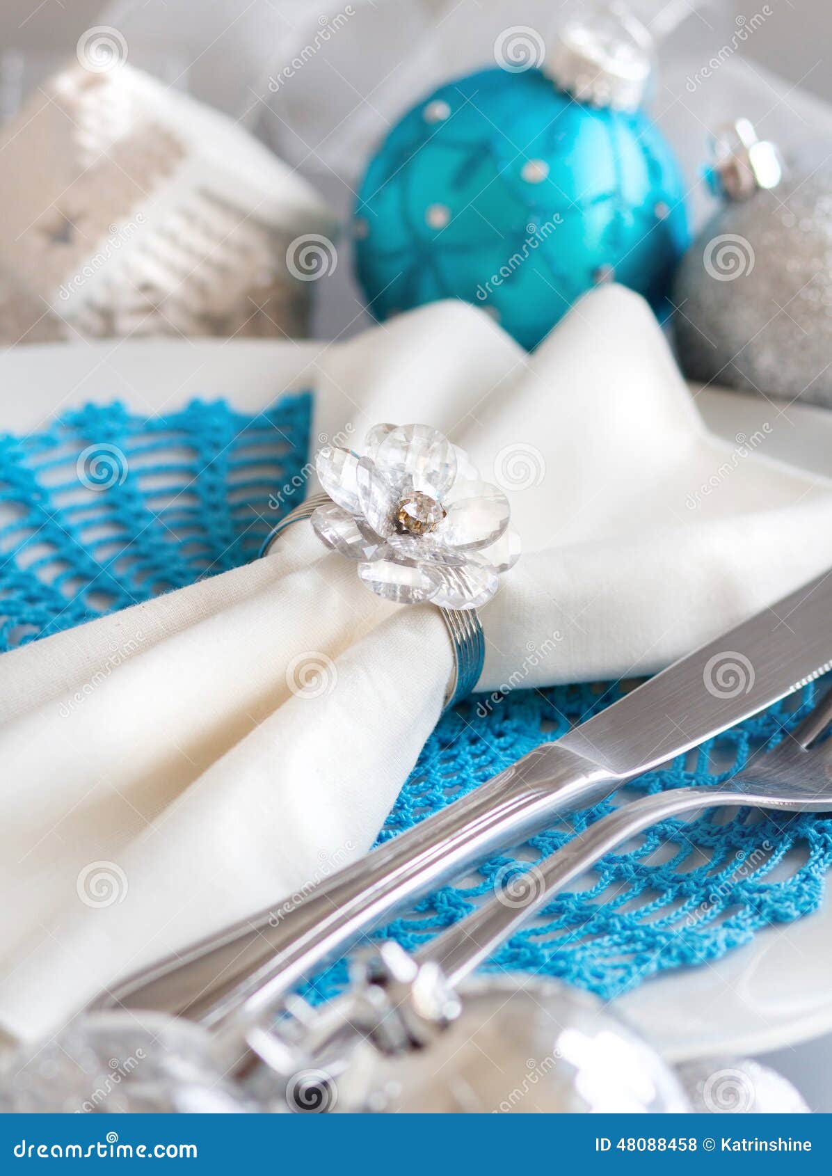Turquoise Blue and Silver Christmas Table Setting Stock Photo - Image ...