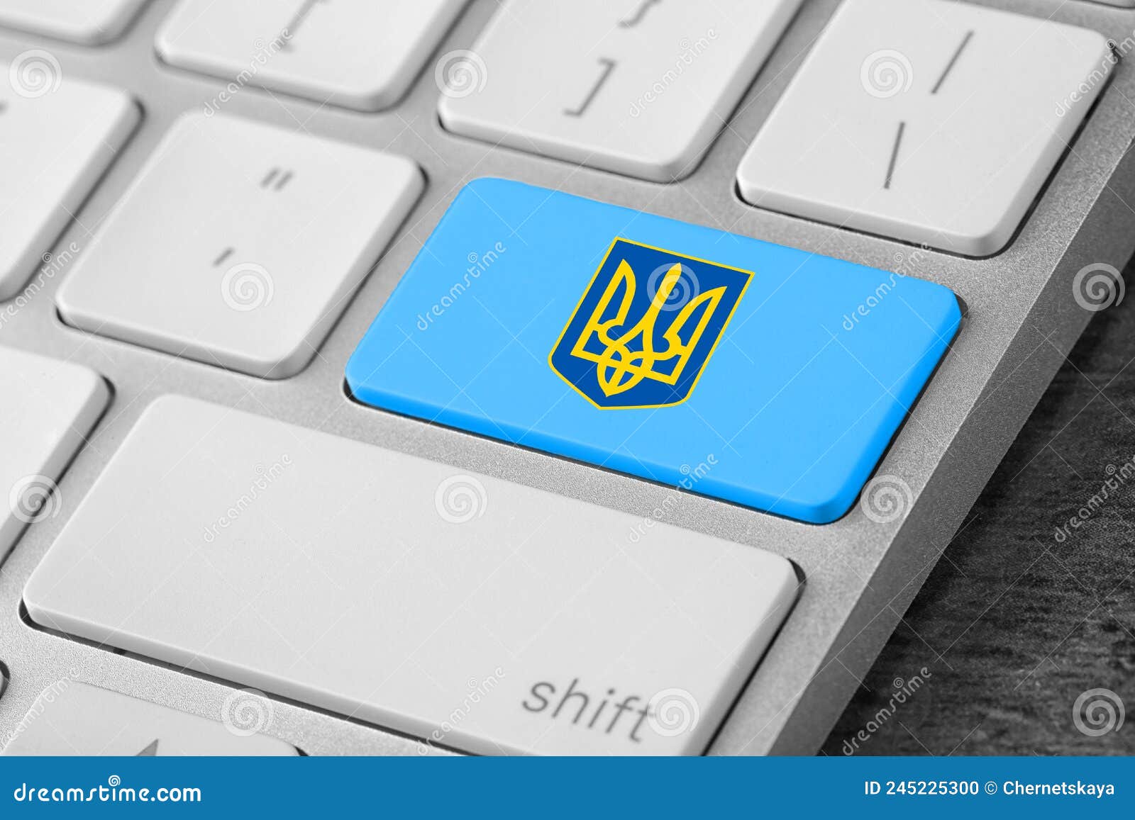 Turquoise Button with Ukrainian Coat of Arms on Keyboard, Top View ...