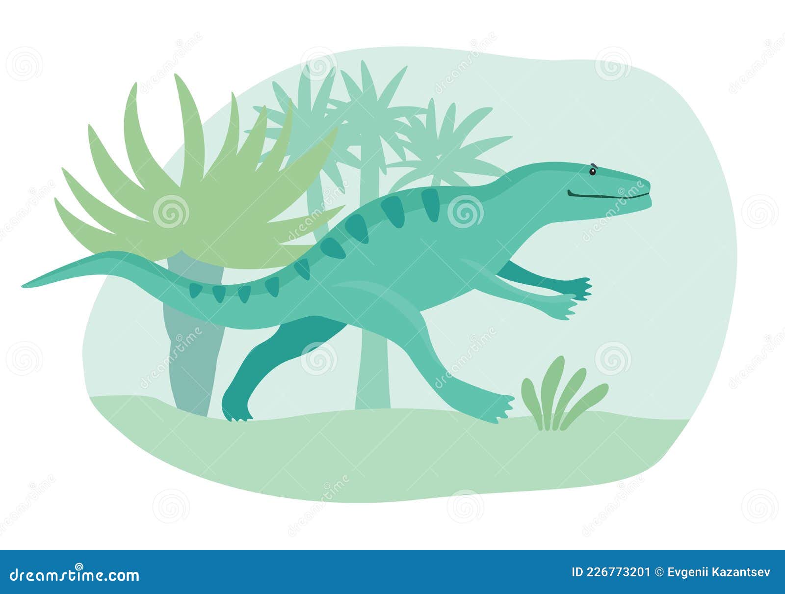Turquoise Cartoon Cute Dinosaur Running through Primeval Forest Stock ...