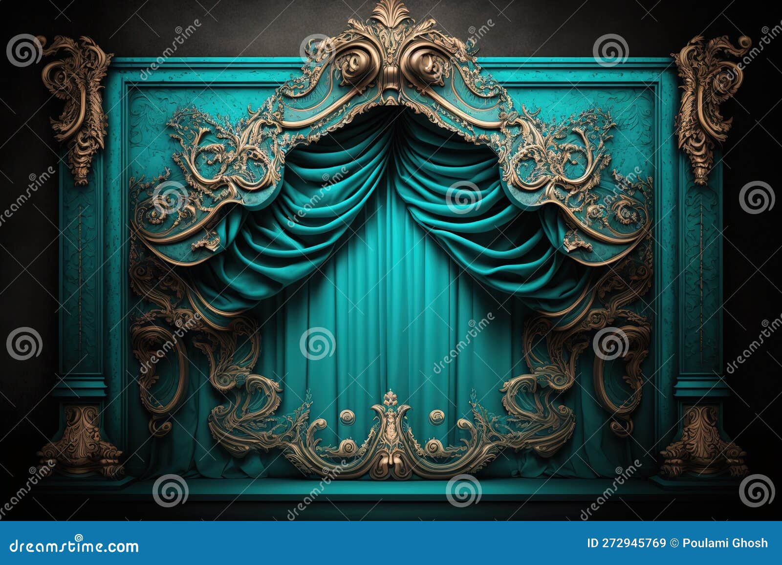Turquoise Curtain Stage with Frames, GENERATIVE AI Stock Illustration ...