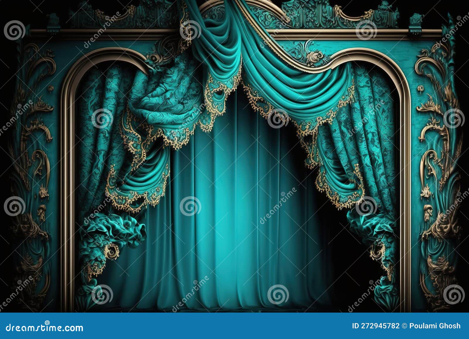Turquoise Curtain Stage with Frames, GENERATIVE AI Stock Illustration ...