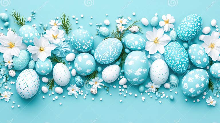 Turquoise Easter Eggs and White Flowers on Blue Background. Happy ...