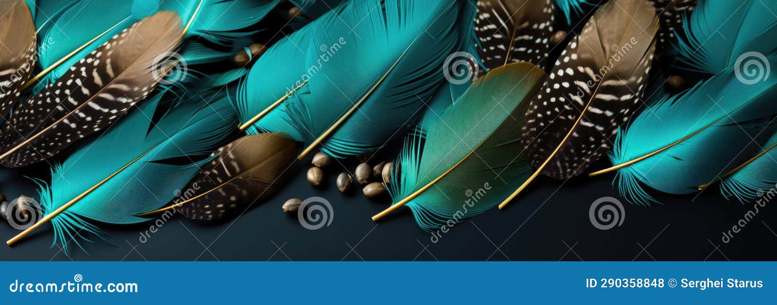 Turquoise Feathers on Black Background, AI Stock Photo - Image of ...