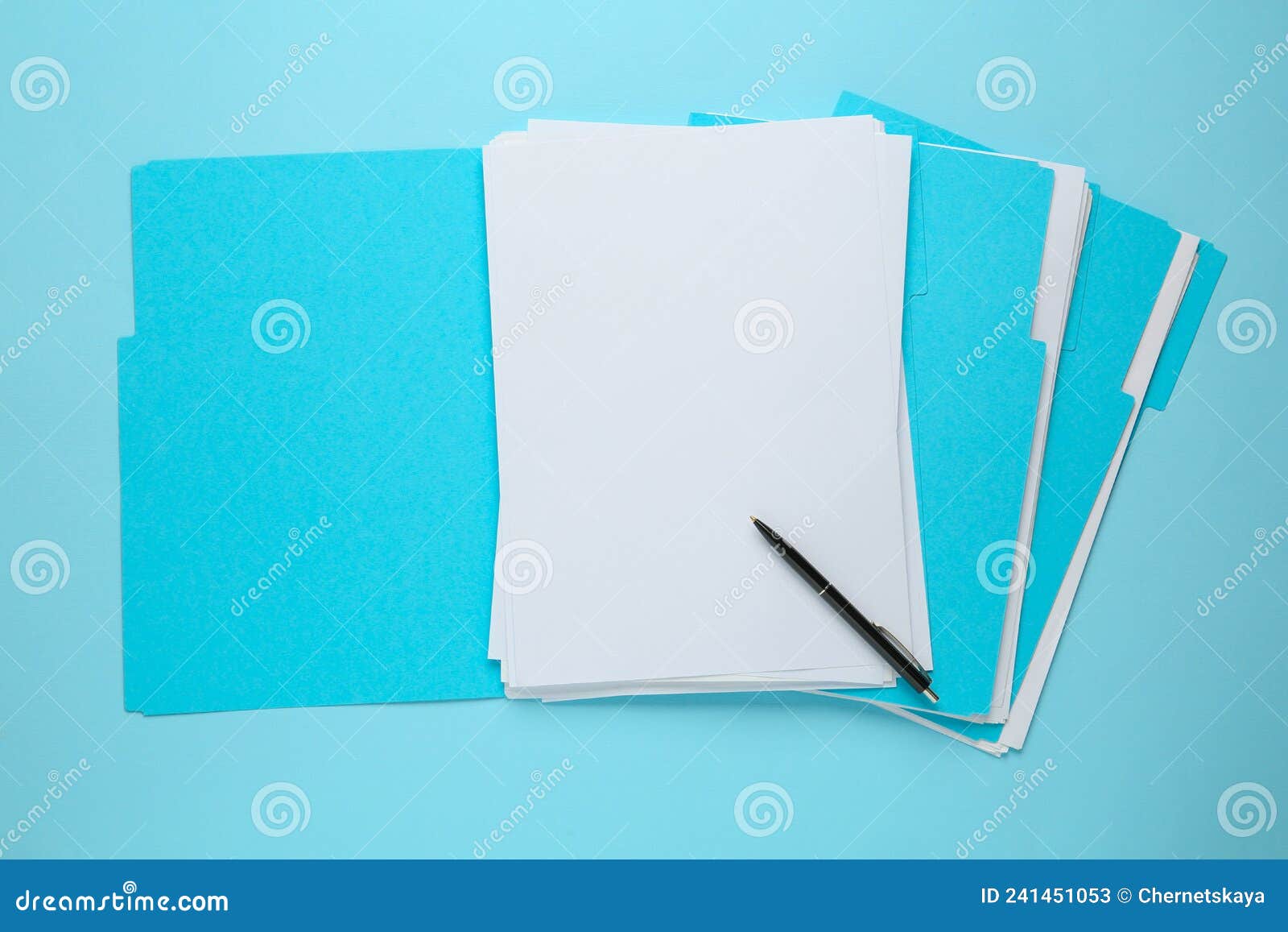 Turquoise Files with Blank Sheets of Paper and Pen on Light Blue ...