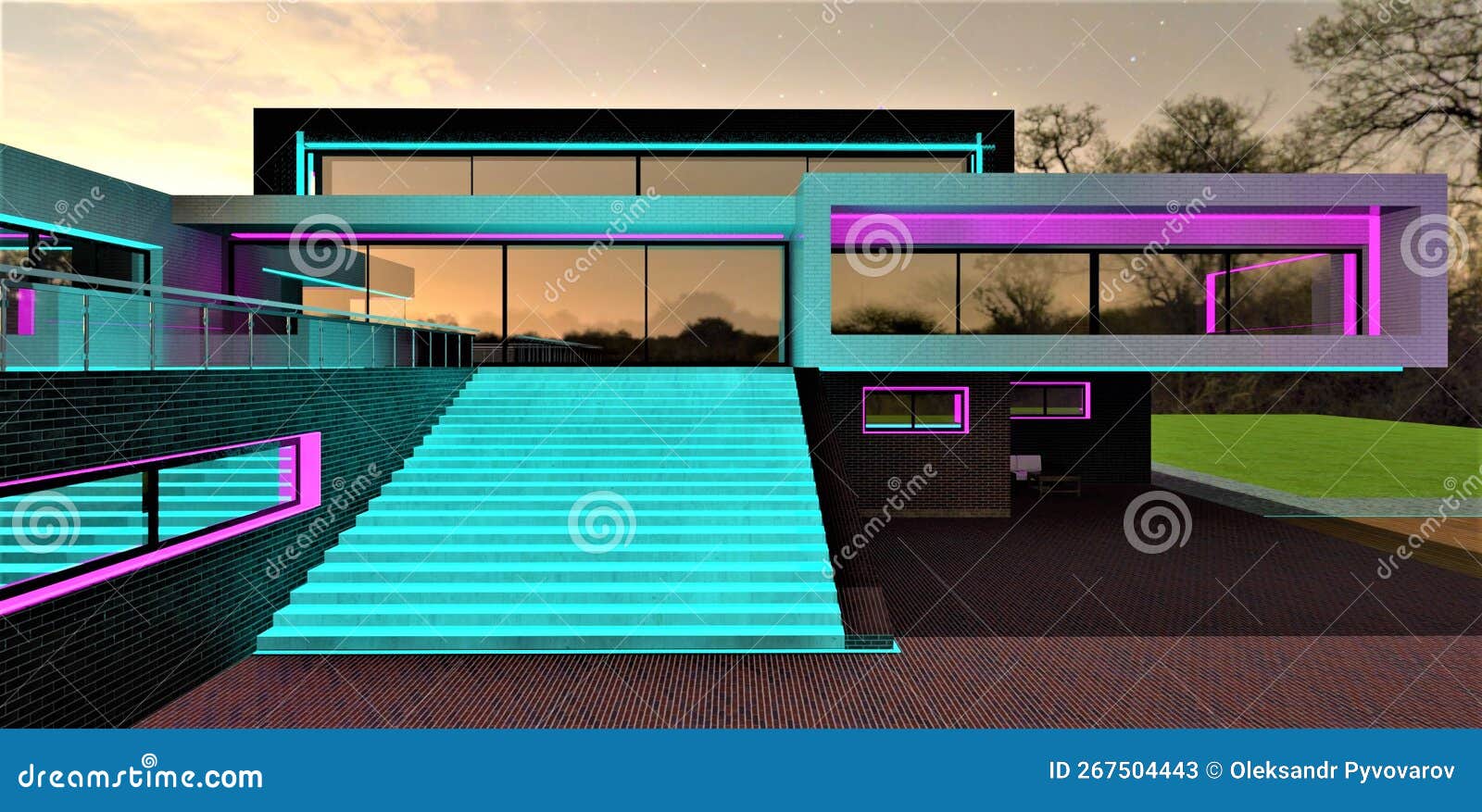 Turquoise Illuminated Stairs at Night. Reflection of the Starry Sky in ...