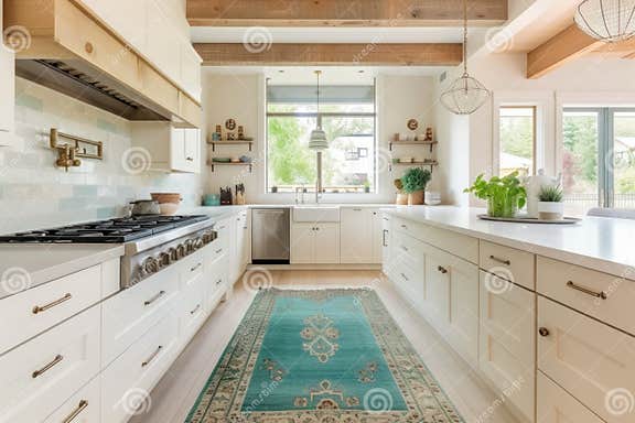 Turquoise Kitchen Rug in the Kitchen with White Counters Stock Photo ...