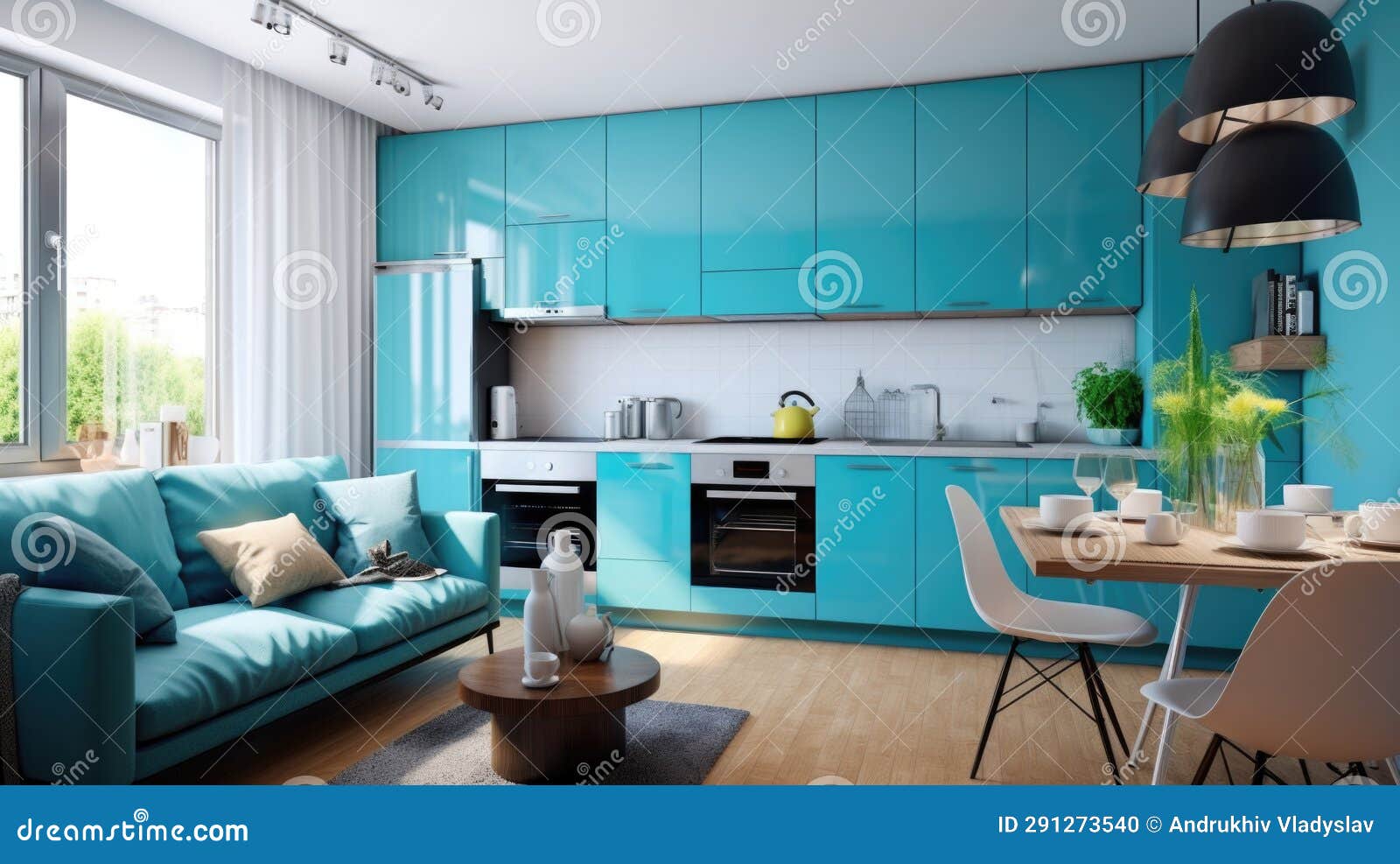 Turquoise Kitchen in Studio Apartment. Interior Design of Modern Living ...