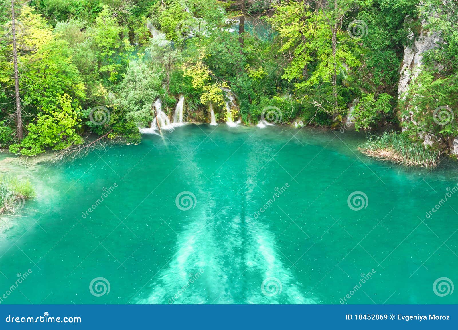 Turquoise Lake with Small Waterfalls Stock Image - Image of lush ...