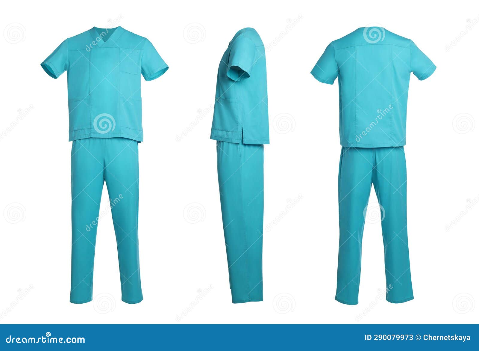 Turquoise Medical Uniform Isolated on White, Collage with Back, Side ...