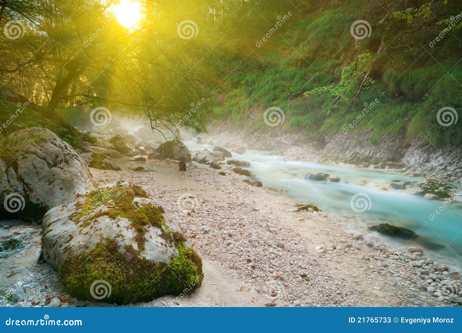Turquoise Mountain Brook in Sunrise Light. Stock Image - Image of flow ...