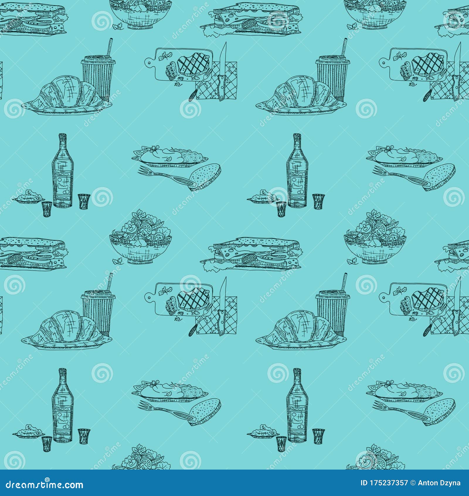 Turquoise Pattern with Food Doodle Kitchen. Print Stock Illustration ...
