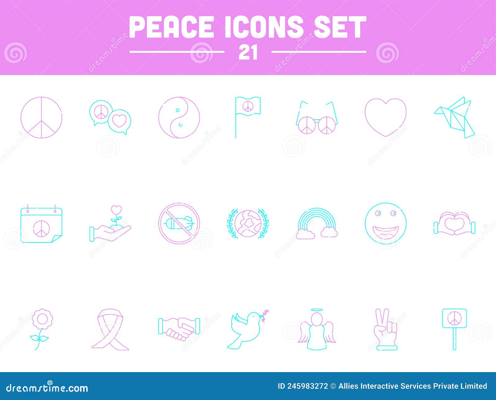 Turquoise and Pink Peace 21 Line Art Icons Stock Illustration ...