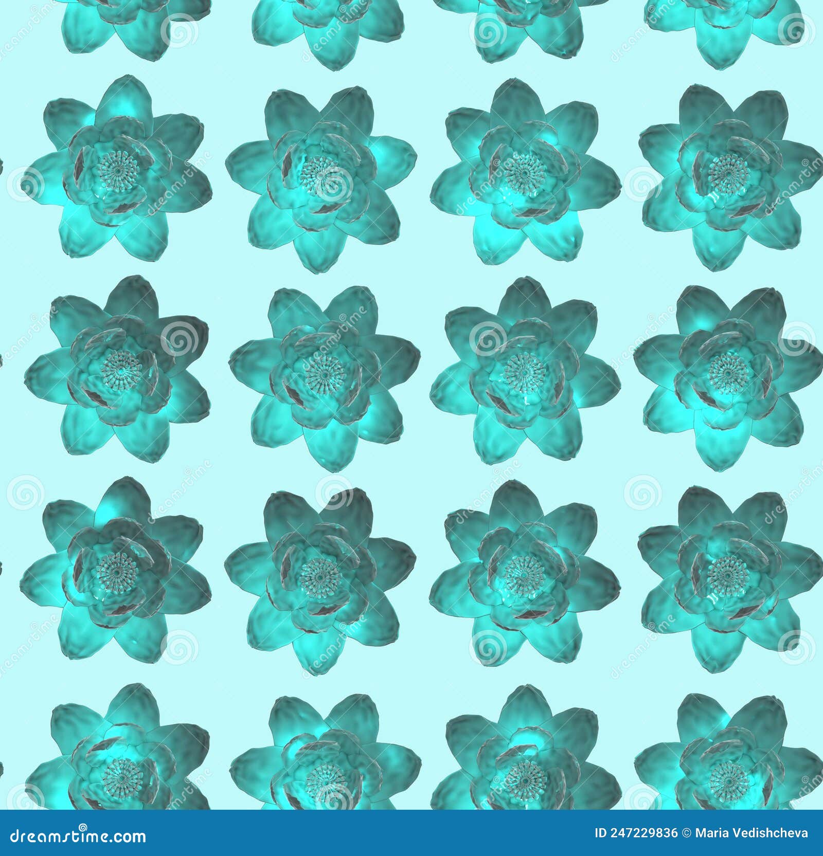 Turquoise Render Lotus Flowers Seamless Pattern Stock Illustration ...