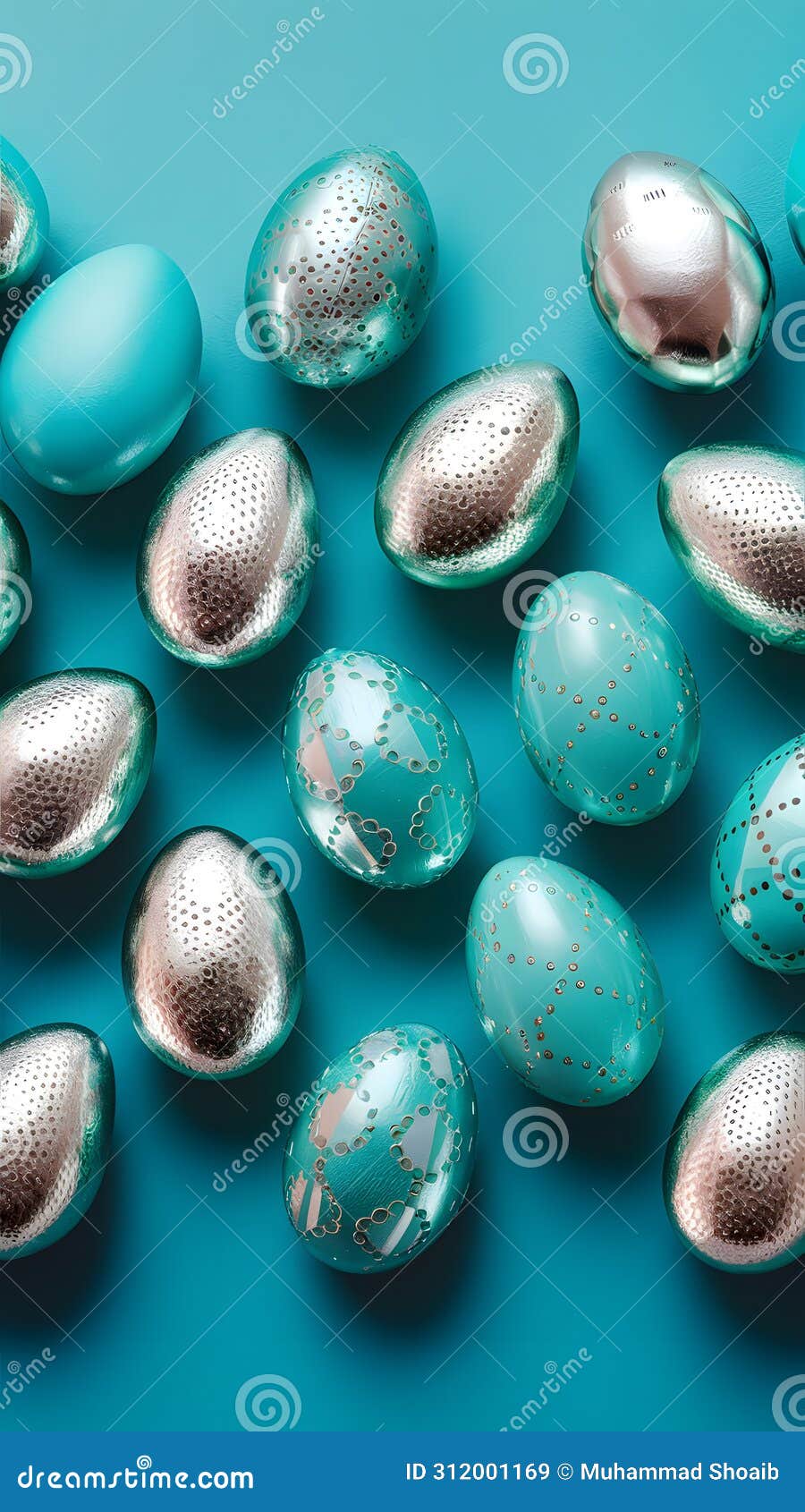 Turquoise and Silver Themed Easter Eggs on Blue Background, Ample Space ...